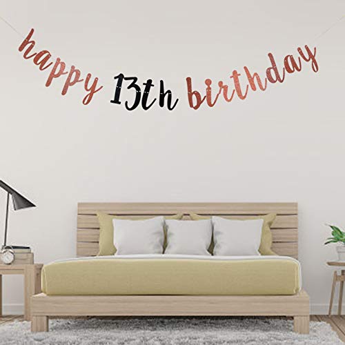 Happy 13th Birthday Banner, 13th Birthday Decor, 13th Birthday Party Supplies (Rose Gold&Black)