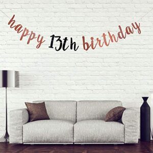 Happy 13th Birthday Banner, 13th Birthday Decor, 13th Birthday Party Supplies (Rose Gold&Black)