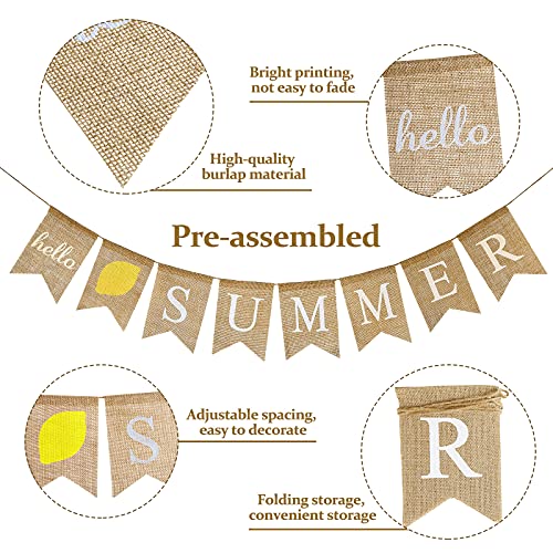 Touman 3 Pieces Summer Lemon Burlap Banner Hello Summer Banner Lemon Themed Banner Flag Garland Summer Lemon Fruit Party Supply for Birthday Anniversary Baby Shower Fireplace Mantel Decoration