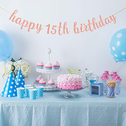 INNORU Glitter Happy 15th Birthday Banner - Cheers to 15 Years Funny Birthday Party Bunting Decorations Rose Gold