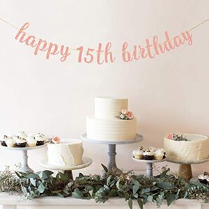 INNORU Glitter Happy 15th Birthday Banner - Cheers to 15 Years Funny Birthday Party Bunting Decorations Rose Gold