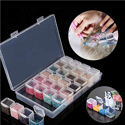 4 Pack Diamond Embroidery Boxes, 28 Grids Slot Diamond Painting Beads Storage Boxes, 5D Diamond Painting Accessories Craft Storage Containers with Marker Stickers