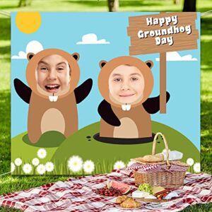 Happy Groundhog Day Banner Background Cute Animals Peeking Out Hole Theme Decor for Season Forecast 1st Birthday Party Spring February 2nd Holidays Festival Groundhog Day Supplies Favors Decorations