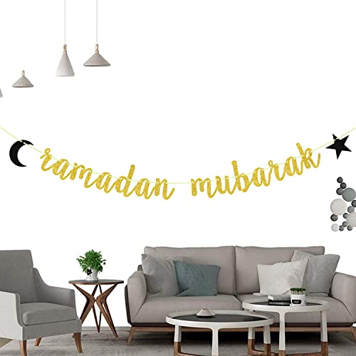 Ramadan Mubarak Banner Eid Mubarak Banner Gold GlitterEid Mubarak Decorations | Eid Mubarak Party Decorations Supplies Eid Mubarak Party Decorations（Coffee Gold and Black）