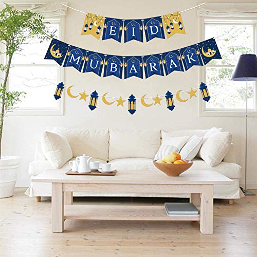 Eid Mubarak Banner Happy Eid Party Decorations Ramadan Festival Supplies Moon Star Lantern Garland Ramadan Decor