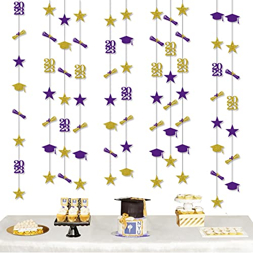 8Pcs 2023 Graduation Party Streamers Purple, Class of 2023 Hat Star Diploma Banner Garland Vertical Hanging Backdrop Background for Ceiling Classroom Home Decor