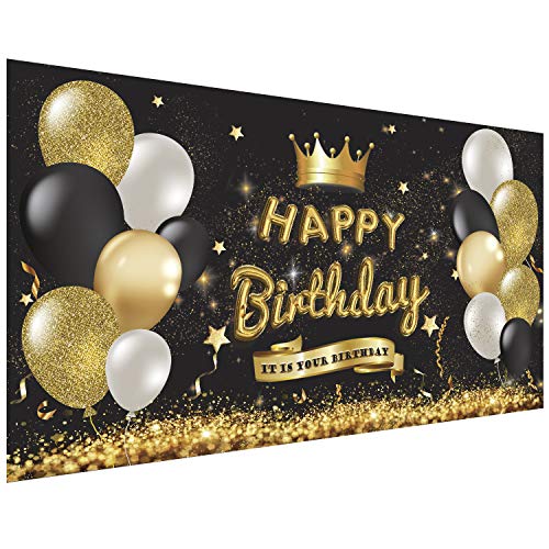 DSDecor Happy Birthday Banner Large 5.9' x 3.3" Hanging Birthday Party Sign Banner for Indoor Outdoor Yard Birthday Decorations (Black, 5.9ft x 3.3ft)