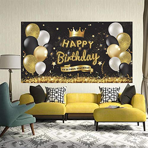 DSDecor Happy Birthday Banner Large 5.9' x 3.3" Hanging Birthday Party Sign Banner for Indoor Outdoor Yard Birthday Decorations (Black, 5.9ft x 3.3ft)