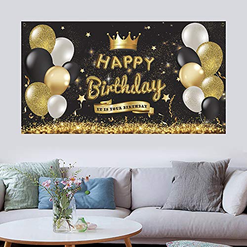 DSDecor Happy Birthday Banner Large 5.9' x 3.3" Hanging Birthday Party Sign Banner for Indoor Outdoor Yard Birthday Decorations (Black, 5.9ft x 3.3ft)