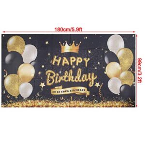 DSDecor Happy Birthday Banner Large 5.9' x 3.3" Hanging Birthday Party Sign Banner for Indoor Outdoor Yard Birthday Decorations (Black, 5.9ft x 3.3ft)