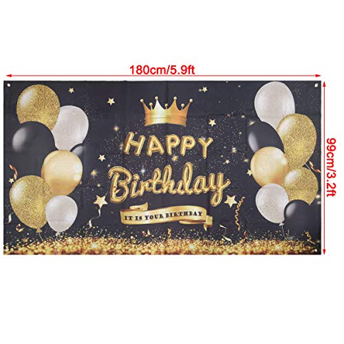 DSDecor Happy Birthday Banner Large 5.9' x 3.3" Hanging Birthday Party Sign Banner for Indoor Outdoor Yard Birthday Decorations (Black, 5.9ft x 3.3ft)