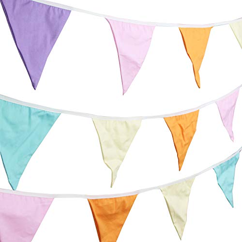 INFEI Multicoloured Pastel Double Layer Cotton Fabric Pennant Flags Bunting Banner Garlands for Wedding, Birthday Party, Outdoor & Home Decoration (10M/32Ft)