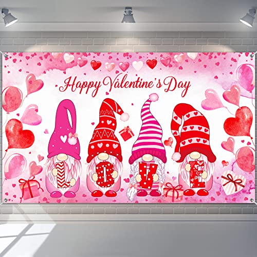 Happy Valentine's Day Backdrop Banner Gnome Photography Background Red Love Heart Photo Background Valentines Day Decor for Valentine Party Supplies, Propose Marriage Decorations, 72.83 x 43.3 Inch