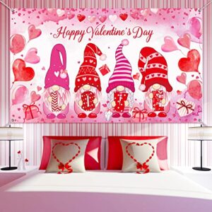 Happy Valentine's Day Backdrop Banner Gnome Photography Background Red Love Heart Photo Background Valentines Day Decor for Valentine Party Supplies, Propose Marriage Decorations, 72.83 x 43.3 Inch