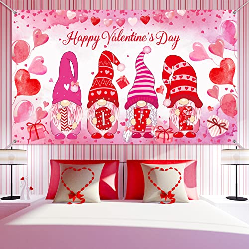 Happy Valentine's Day Backdrop Banner Gnome Photography Background Red Love Heart Photo Background Valentines Day Decor for Valentine Party Supplies, Propose Marriage Decorations, 72.83 x 43.3 Inch