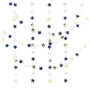 guzon 30 feet navy blue gold white star garland glitter paper banner streamer bunting hanging decorations for engagement birthday baby shower wedding baby room backdrop party supplies(4pcs)