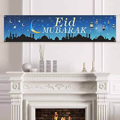 Eid Mubarak Decorations Banner - Muslim Ramadan Party Supplies Decorations, Blue Eid Mubarak Celebration Decoration for Muslim