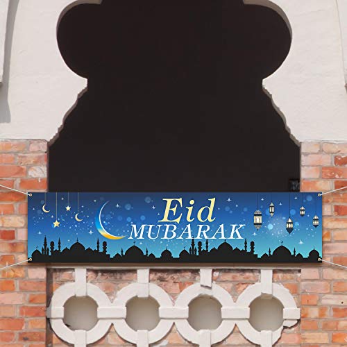 Eid Mubarak Decorations Banner - Muslim Ramadan Party Supplies Decorations, Blue Eid Mubarak Celebration Decoration for Muslim