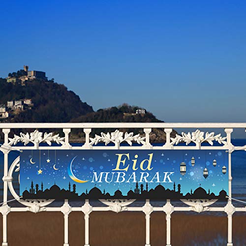 Eid Mubarak Decorations Banner - Muslim Ramadan Party Supplies Decorations, Blue Eid Mubarak Celebration Decoration for Muslim