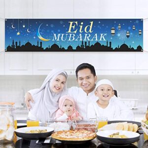 Eid Mubarak Decorations Banner - Muslim Ramadan Party Supplies Decorations, Blue Eid Mubarak Celebration Decoration for Muslim