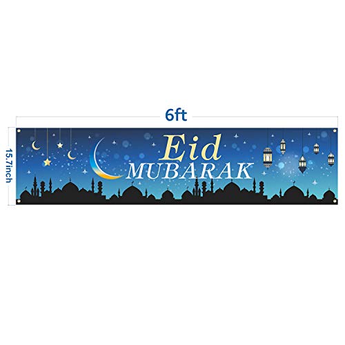 Eid Mubarak Decorations Banner - Muslim Ramadan Party Supplies Decorations, Blue Eid Mubarak Celebration Decoration for Muslim