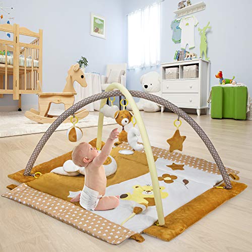 Baby Play Gym & Activity Mat for Boys Unisex with Developmental Hanging Toys for Infants Toddlers and Newborns Ages 0 + (Brown)