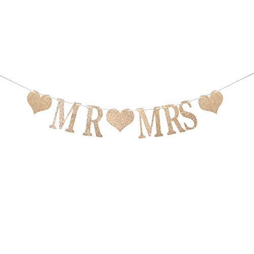 Champagne Gold Glittery MR and MRS Banner - MR & MRS Banner for Bridal Shower, Wedding, Engagement, Anniversary Party Supplies