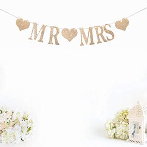 Champagne Gold Glittery MR and MRS Banner - MR & MRS Banner for Bridal Shower, Wedding, Engagement, Anniversary Party Supplies