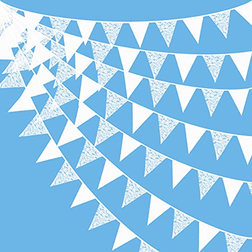 10M/32Ft White Pennant Banner Fabric Lace Triangle Flag Cotton Bunting Garland Streamers for Wedding Chistmas Birthday Anniversary Party Home Nursery Outdoor Garden Hanging Festivals Decorations