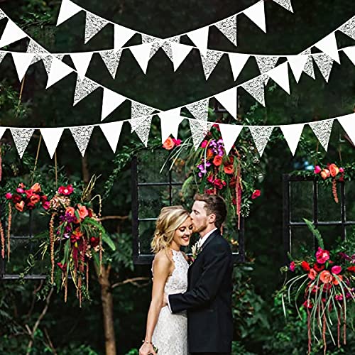 10M/32Ft White Pennant Banner Fabric Lace Triangle Flag Cotton Bunting Garland Streamers for Wedding Chistmas Birthday Anniversary Party Home Nursery Outdoor Garden Hanging Festivals Decorations