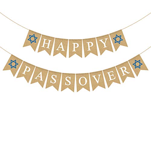 Rainlemon Jute Burlap Happy Passover Banner Rustic Mantel Fireplace Garland Decoration Supply