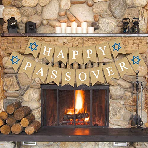 Rainlemon Jute Burlap Happy Passover Banner Rustic Mantel Fireplace Garland Decoration Supply