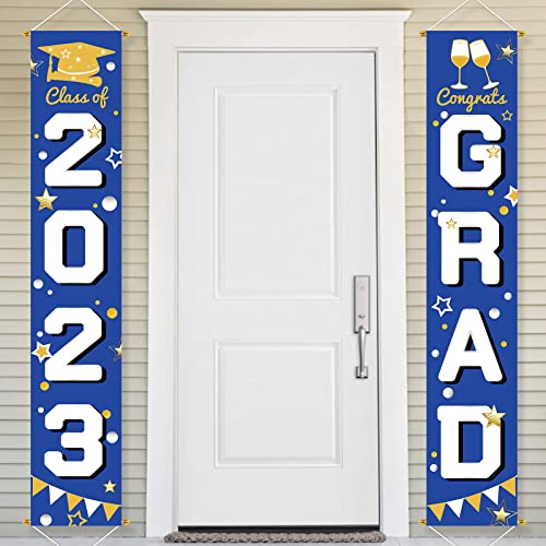 Ivenf 2023 Graduation Party Decorations, Class of 2023 Congrats Grad Banner, Graduation Porch Sign, Blue and White Graduation Decoartions Hanging Banner Photo Props for Home School Graduation Party