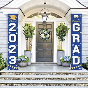 Ivenf 2023 Graduation Party Decorations, Class of 2023 Congrats Grad Banner, Graduation Porch Sign, Blue and White Graduation Decoartions Hanging Banner Photo Props for Home School Graduation Party