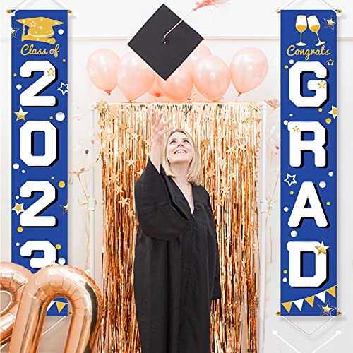 Ivenf 2023 Graduation Party Decorations, Class of 2023 Congrats Grad Banner, Graduation Porch Sign, Blue and White Graduation Decoartions Hanging Banner Photo Props for Home School Graduation Party