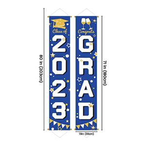 Ivenf 2023 Graduation Party Decorations, Class of 2023 Congrats Grad Banner, Graduation Porch Sign, Blue and White Graduation Decoartions Hanging Banner Photo Props for Home School Graduation Party