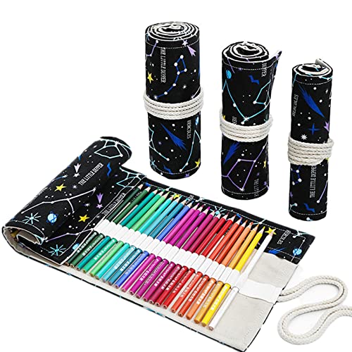 Handmade 12/24/36/48/72/108 Slots Canvas Pencil Wrap Roll up Pen Holder Case for for Student Artist Drawing Coloring Organizer Stationery (36 Slots, Starsky)