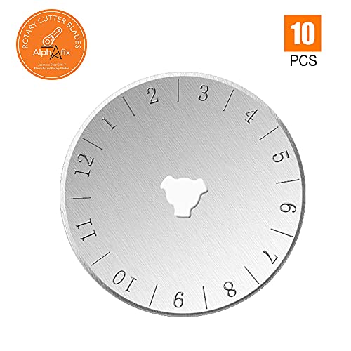 Rotary Cutter Blades 45mm 10 Pack By Alphafix Compatible with notched hole 45mm rotary cutters, easy replaceable sharp SKS-7 Steel blades Ideal for Quilting Fabric Scrapbooking Sewing and Arts & Craft