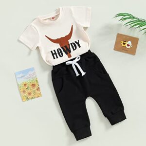 Omkzanbi Western Baby Boy Clothes Cow Printed Short Sleeve T Shirt Retro Boho Jogger Pants Cute Toddler Cowboy Summer Outfits (Black Howdy Cow, 18-24 Months)