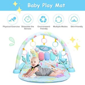 BABY JOY Baby Play Mat, Kick and Play Gym with Detachable Piano, Super Soft Foot Gym Carpet Fitness Rack, 4 Rattle Pendants and 1 Moon, Ideal for Baby Room (Blue)