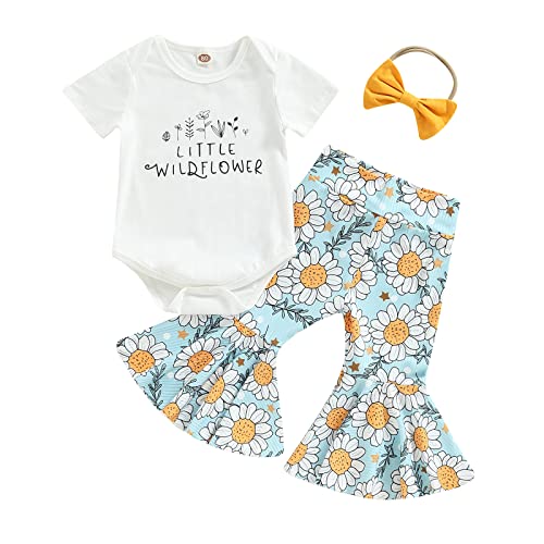 Toddler Baby Girls Bell Bottoms Outfits Cow Floral Print Short Sleeve Romper Tops Headband Cowgirl Summer Sets (Little Wildflower & White, 0-6 Months)