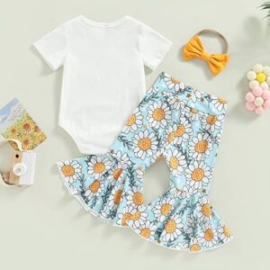 Toddler Baby Girls Bell Bottoms Outfits Cow Floral Print Short Sleeve Romper Tops Headband Cowgirl Summer Sets (Little Wildflower & White, 0-6 Months)