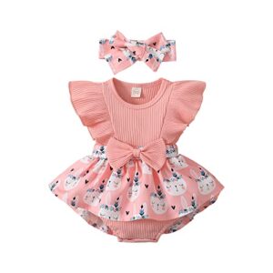 tsnbre easter outfit baby girl romper fly sleeve ribbed romper with bunny print skirt 0 3 6 12 18 newborn clothes (pink , 12-18 months )