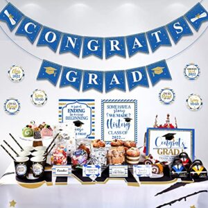 2022 graduation candy bar buffet decorations congrats grad kit congrats grad banner graduation dessert table signs folding food label tent cards set graduation cup tags for graduation party (blue)