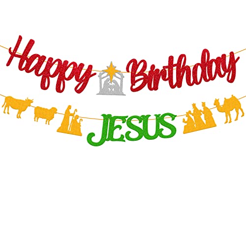 Happy Birthday Jesus Banner for Christian Winter Merry Chritmas Garland Jesus's Bday Party Supplies Gold and Green Decorations