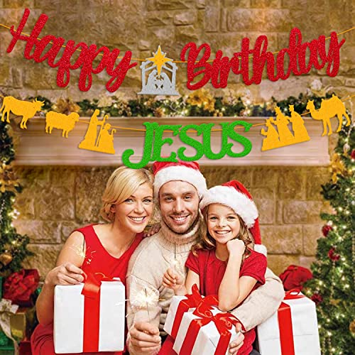 Happy Birthday Jesus Banner for Christian Winter Merry Chritmas Garland Jesus's Bday Party Supplies Gold and Green Decorations