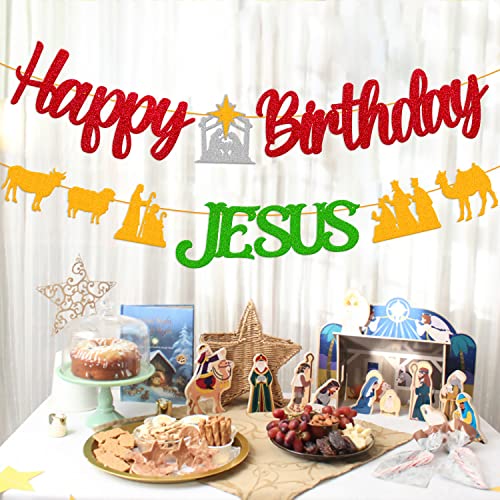 Happy Birthday Jesus Banner for Christian Winter Merry Chritmas Garland Jesus's Bday Party Supplies Gold and Green Decorations