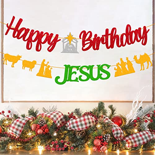 Happy Birthday Jesus Banner for Christian Winter Merry Chritmas Garland Jesus's Bday Party Supplies Gold and Green Decorations