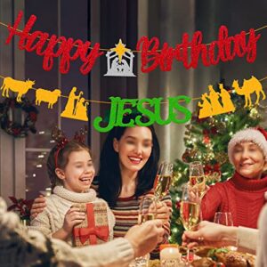 Happy Birthday Jesus Banner for Christian Winter Merry Chritmas Garland Jesus's Bday Party Supplies Gold and Green Decorations