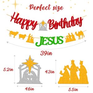 Happy Birthday Jesus Banner for Christian Winter Merry Chritmas Garland Jesus's Bday Party Supplies Gold and Green Decorations